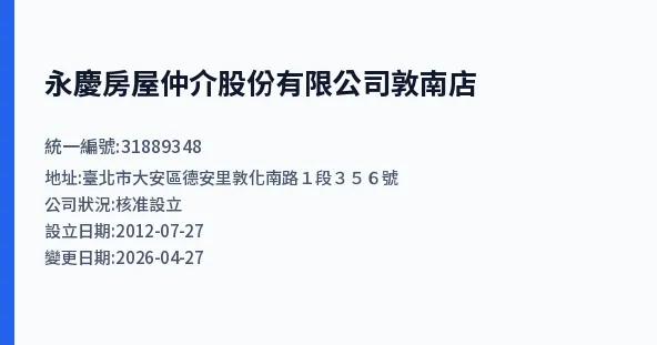 永慶房屋仲介股份有限公司敦南店的照片-統編 31889348(臺北市) 公司登記資料與營業項目詳細圖表