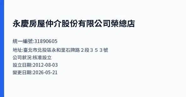 永慶房屋仲介股份有限公司榮總店的照片-統編 31890605(臺北市) 公司登記資料與營業項目詳細圖表
