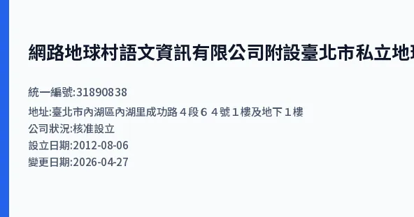 網路地球村語文資訊有限公司附設臺北市私立地球村語文短期補習班成功分班的照片-統編 31890838(臺北市) 公司登記資料與營業項目詳細圖表