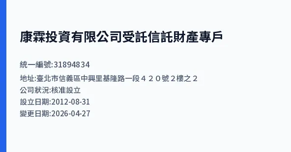 康霖投資有限公司受託信託財產專戶的照片-統編 31894834(臺北市) 公司登記資料與營業項目詳細圖表
