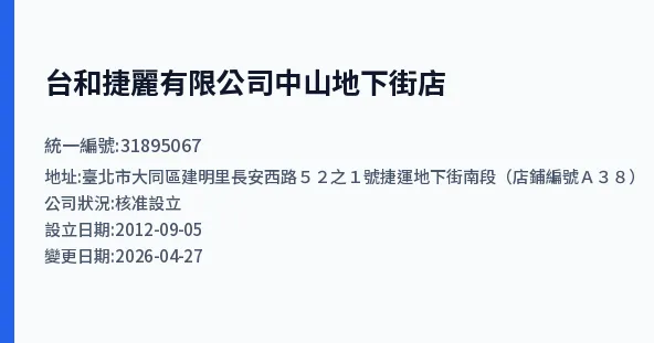 台和捷麗有限公司中山地下街店的照片-統編 31895067(臺北市) 公司登記資料與營業項目詳細圖表