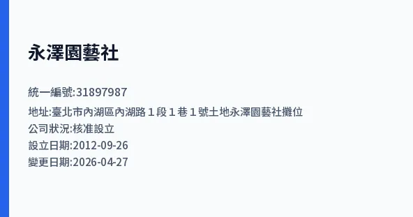 永澤園藝社的照片-統編 31897987(臺北市) 公司登記資料與營業項目詳細圖表