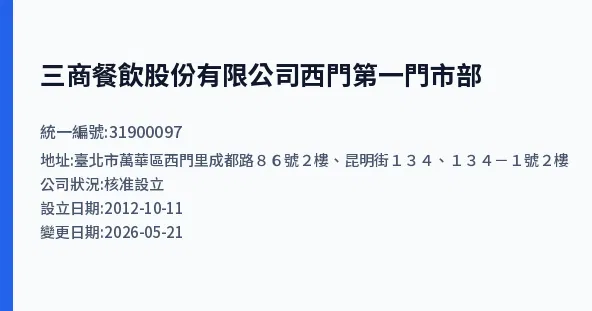 三商餐飲股份有限公司西門第一門市部的照片-統編 31900097(臺北市) 公司登記資料與營業項目詳細圖表