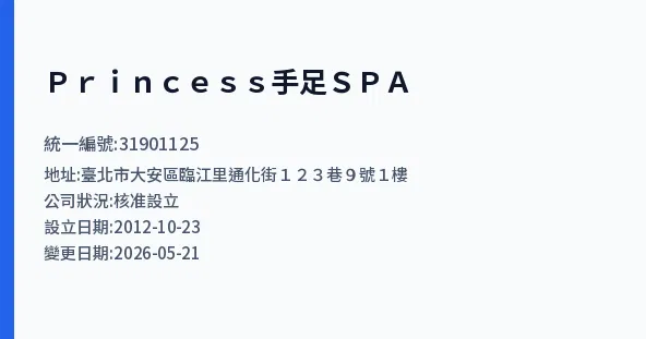 Princess手足SPA的照片-統編 31901125(臺北市) 公司登記資料與營業項目詳細圖表