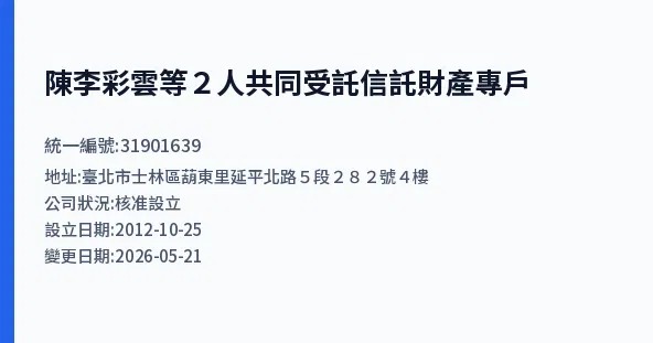 陳李彩雲等2人共同受託信託財產專戶的照片-統編 31901639(臺北市) 公司登記資料與營業項目詳細圖表
