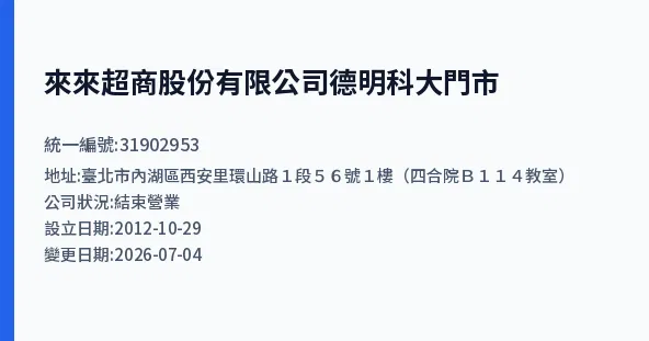 來來超商股份有限公司德明科大門市的照片-統編 31902953(臺北市) 公司登記資料與營業項目詳細圖表