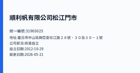 順利帆有限公司松江門市的照片-統編 31903025(臺北市) 公司登記資料與營業項目詳細圖表