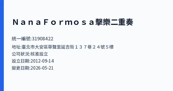 NanaFormosa 擊樂二重奏的照片-統編 31908422(臺北市) 公司登記資料與營業項目詳細圖表