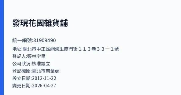 發現花園雜貨舖的照片-統編 31909490(臺北市) 公司登記資料與營業項目詳細圖表