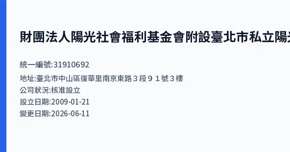 財團法人陽光社會福利基金會附設臺北市私立陽光重建中心的照片-統編 31910692(臺北市) 公司登記資料與營業項目詳細圖表