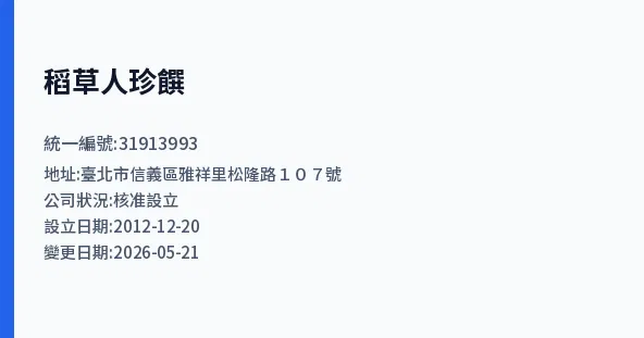 稻草人珍饌的照片-統編 31913993(臺北市) 公司登記資料與營業項目詳細圖表