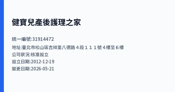 健寶兒產後護理之家的照片-統編 31914472(臺北市) 公司登記資料與營業項目詳細圖表