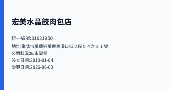 宏美水晶餃肉包店的照片-統編 31921950(臺北市) 公司登記資料與營業項目詳細圖表