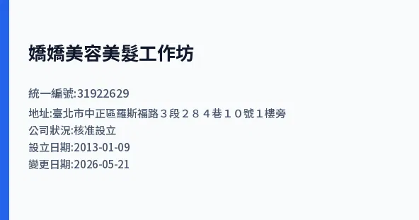 嬌嬌美容美髮工作坊的照片-統編 31922629(臺北市) 公司登記資料與營業項目詳細圖表