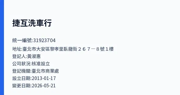 捷互洗車行的照片-統編 31923704(臺北市) 公司登記資料與營業項目詳細圖表