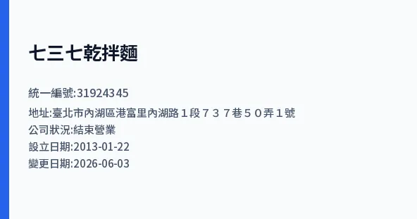 七三七乾拌麵的照片-統編 31924345(臺北市) 公司登記資料與營業項目詳細圖表