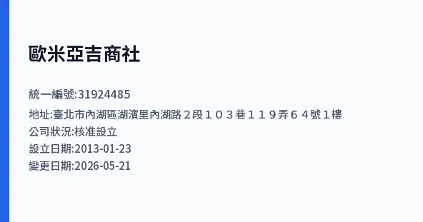 歐米亞吉商社的照片-統編 31924485(臺北市) 公司登記資料與營業項目詳細圖表