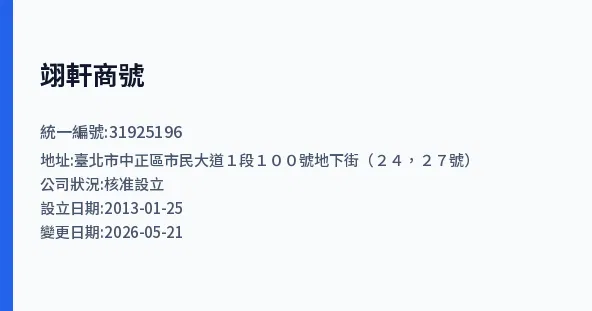 翊軒商號的照片-統編 31925196(臺北市) 公司登記資料與營業項目詳細圖表