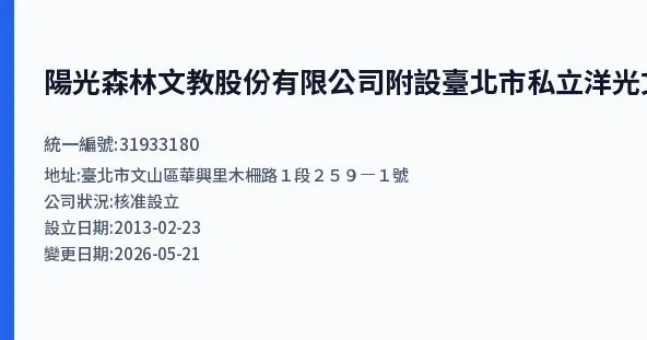 陽光森林文教股份有限公司附設臺北市私立洋光文理短期補習班的照片-統編 31933180(臺北市) 公司登記資料與營業項目詳細圖表