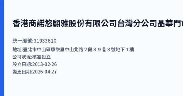 香港商諾悠翩雅股份有限公司台灣分公司晶華門市的照片-統編 31933610(臺北市) 公司登記資料與營業項目詳細圖表