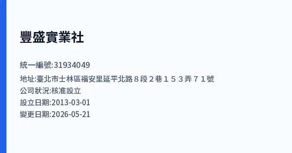 豐盛實業社的照片-統編 31934049(臺北市) 公司登記資料與營業項目詳細圖表