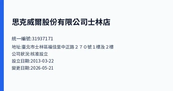 思克威爾股份有限公司士林店的照片-統編 31937171(臺北市) 公司登記資料與營業項目詳細圖表