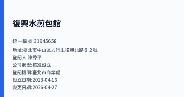 復興水煎包館的照片-統編 31945658(臺北市) 公司登記資料與營業項目詳細圖表