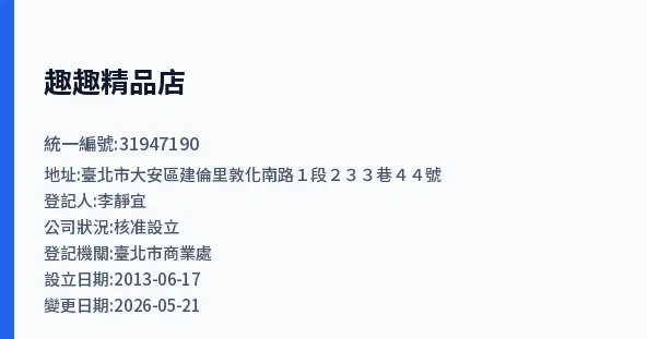 趣趣精品店的照片-統編 31947190(臺北市) 公司登記資料與營業項目詳細圖表