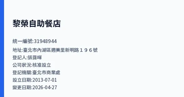 黎榮自助餐店的照片-統編 31948944(臺北市) 公司登記資料與營業項目詳細圖表