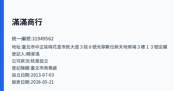 滿滿商行的照片-統編 31949562(臺北市) 公司登記資料與營業項目詳細圖表