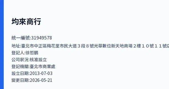 均來商行的照片-統編 31949578(臺北市) 公司登記資料與營業項目詳細圖表