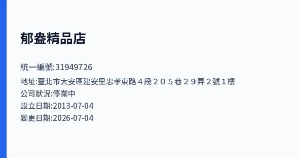 郁盎精品店的照片-統編 31949726(臺北市) 公司登記資料與營業項目詳細圖表