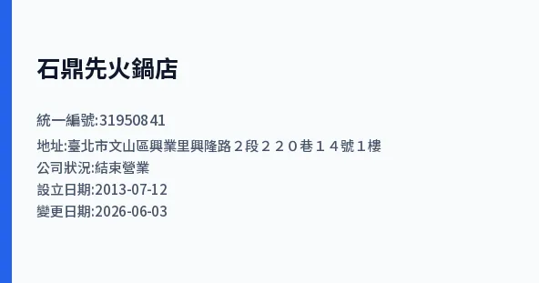 石鼎先火鍋店的照片-統編 31950841(臺北市) 公司登記資料與營業項目詳細圖表