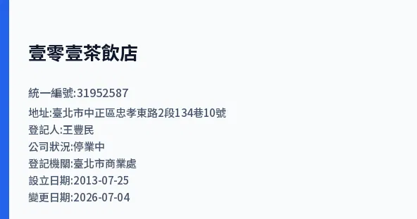 壹零壹茶飲店的照片-統編 31952587(臺北市) 公司登記資料與營業項目詳細圖表