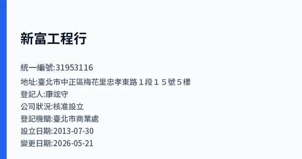 新富工程行的照片-統編 31953116(臺北市) 公司登記資料與營業項目詳細圖表