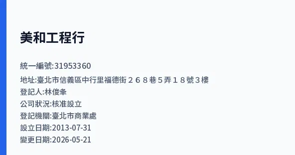 美和工程行的照片-統編 31953360(臺北市) 公司登記資料與營業項目詳細圖表