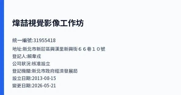 煒喆視覺影像工作坊的照片-統編 31955418(新北市) 公司登記資料與營業項目詳細圖表