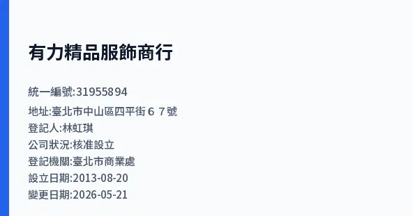 有力精品服飾商行的照片-統編 31955894(臺北市) 公司登記資料與營業項目詳細圖表