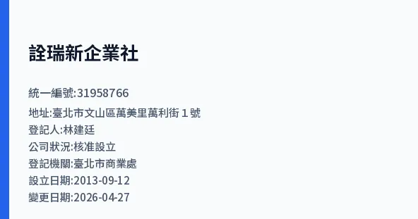 詮瑞新企業社的照片-統編 31958766(臺北市) 公司登記資料與營業項目詳細圖表