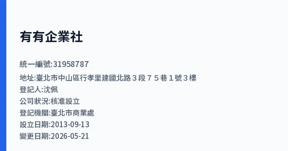 有有企業社的照片-統編 31958787(臺北市) 公司登記資料與營業項目詳細圖表