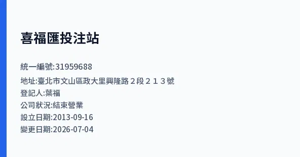 喜福匯投注站的照片-統編 31959688(臺北市) 公司登記資料與營業項目詳細圖表