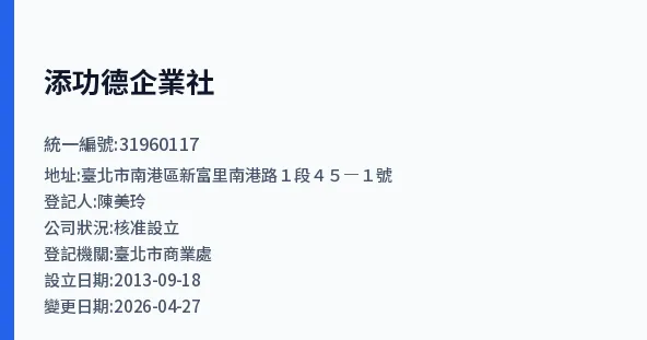 添功德企業社的照片-統編 31960117(臺北市) 公司登記資料與營業項目詳細圖表