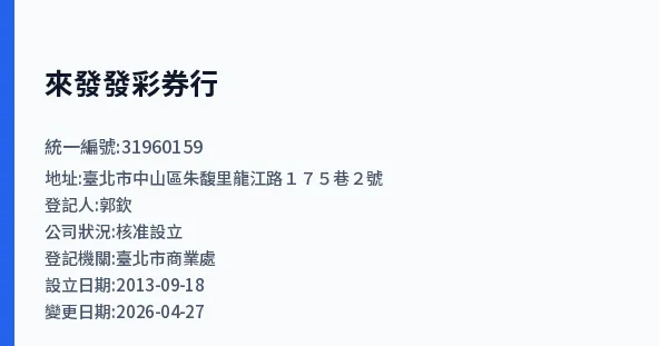 來發發彩券行的照片-統編 31960159(臺北市) 公司登記資料與營業項目詳細圖表