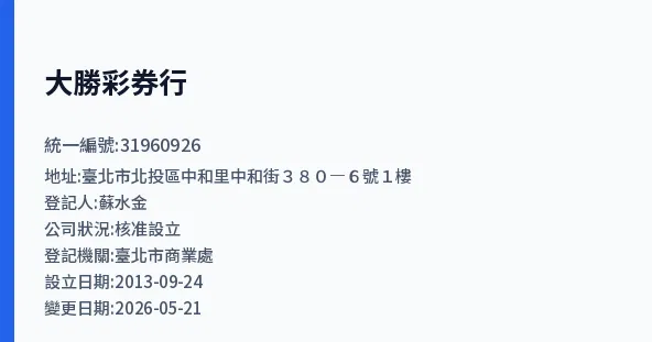 大勝彩券行的照片-統編 31960926(臺北市) 公司登記資料與營業項目詳細圖表