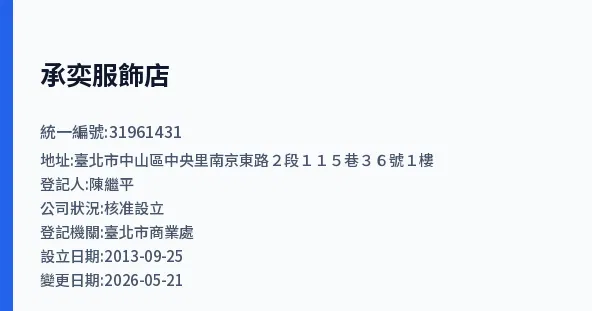 承奕服飾店的照片-統編 31961431(臺北市) 公司登記資料與營業項目詳細圖表