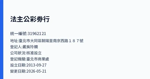 法主公彩劵行的照片-統編 31962121(臺北市) 公司登記資料與營業項目詳細圖表