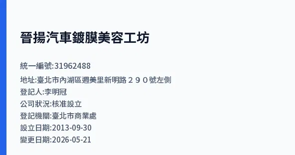 晉揚汽車鍍膜美容工坊的照片-統編 31962488(臺北市) 公司登記資料與營業項目詳細圖表