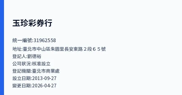 玉珍彩券行的照片-統編 31962558(臺北市) 公司登記資料與營業項目詳細圖表
