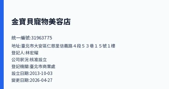 金寶貝寵物美容店的照片-統編 31963775(臺北市) 公司登記資料與營業項目詳細圖表