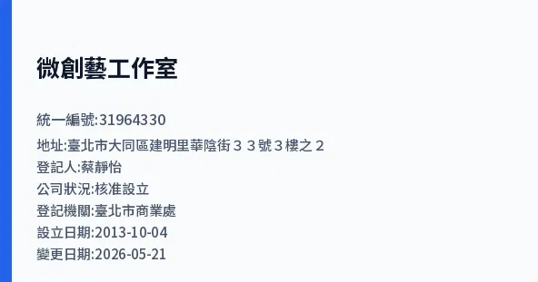 微創藝工作室的照片-統編 31964330(臺北市) 公司登記資料與營業項目詳細圖表